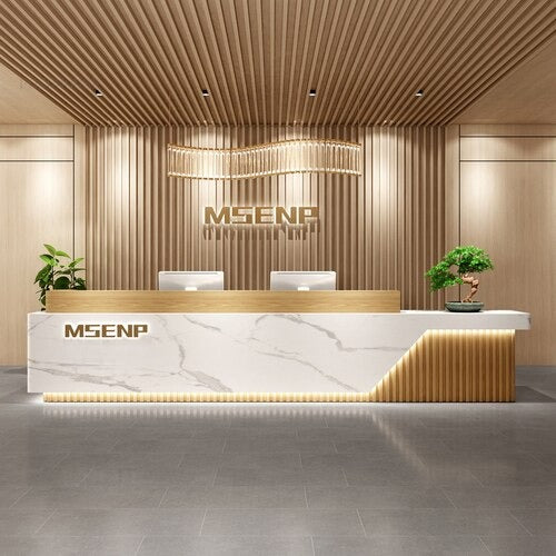 Marble Textured Rectangular Wooden Reception Desk - Modern - Lixra.com