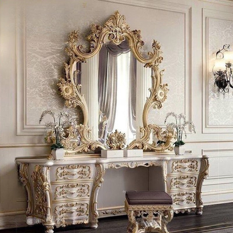 Luxurious Carved European Dressing Table - Gold and Off White - Lixra.com